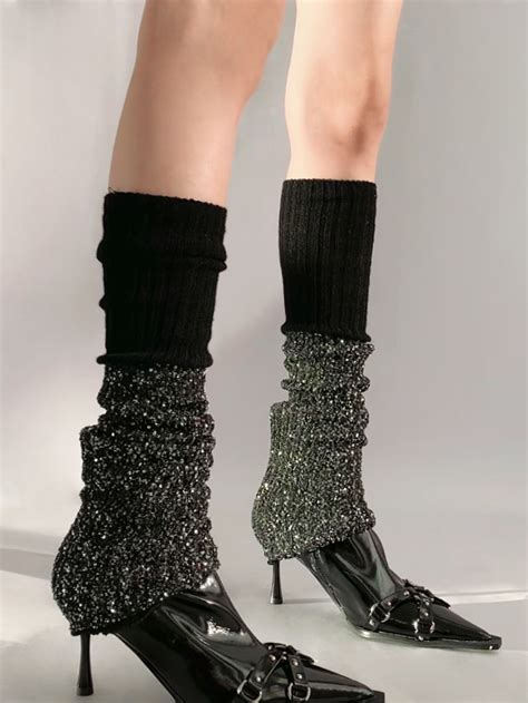Grayblack Sequins Decorated Leg Warmers
