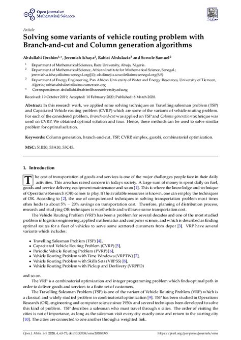 Pdf Solving Some Variants Of Vehicle Routing Problem With Branch And Cut And Column Generation