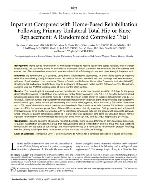 Pdf Inpatient Compared With Home Based Rehabilitation Following Primary Unilateral Total Hip