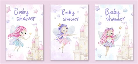 작은 요정 동화 성 및 별과 함께 베이비 샤워 수채화 카드 세트 소녀의 생일 엽서의 레이아웃 모음 신생아 파티 초대장의
