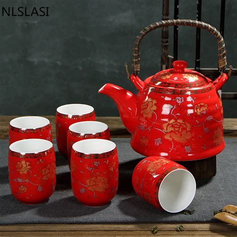 중국 전통 결혼식 세라믹 차 세트 이중 뜨거운 차 컵 이중 행복 주전자 가정용 마시기구 Nlslasi티웨어 세트