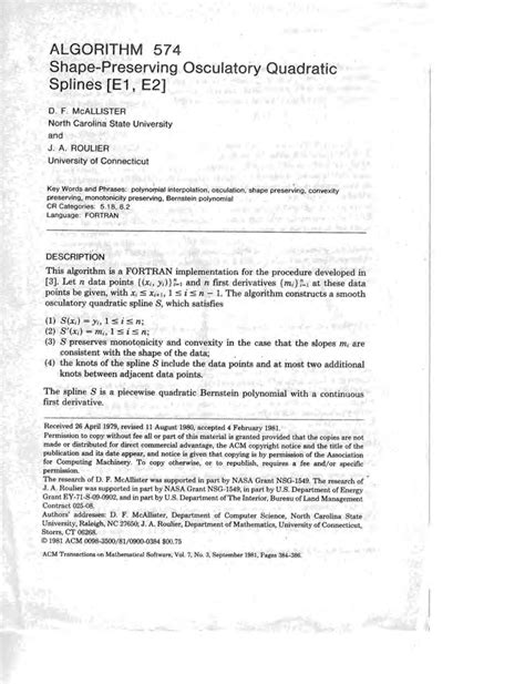 Pdf Algorithm 574 Shape Preserving Osculatory Quadratic Splines E1 E2