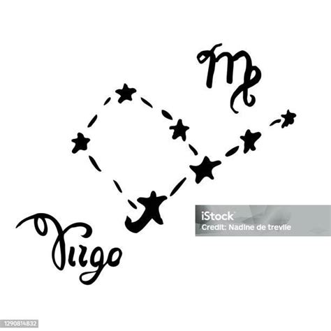 별자리 처녀자리 벡터 그림입니다 흰색 배경에 손으로 그려진 조디악 기호 기호 및 서예 이름 낙서 스타일 별자리 엽서 및 점성술 책 계절에 대한 스톡 벡터 아트 및 기타