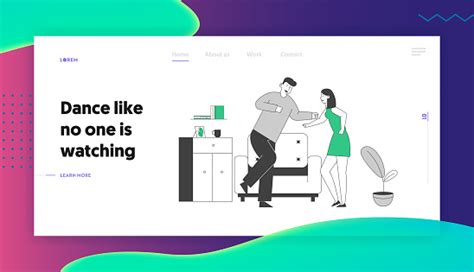 젊은 커플 댄스 웹 사이트 방문 페이지입니다 사랑또는 우호적인 관계에 있는 남자와 여자는 홈 댄스 레저 또는 취미 웹 페이지