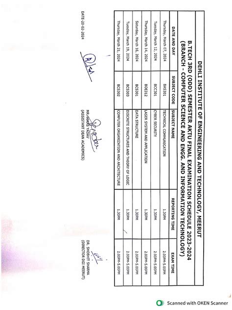 B Tech 3rd Semester Cs And It Aktu Final Exam Datesheet Pdf