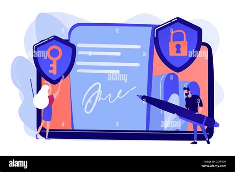 Businessman Putting Electronic Signature On Document Security Shields