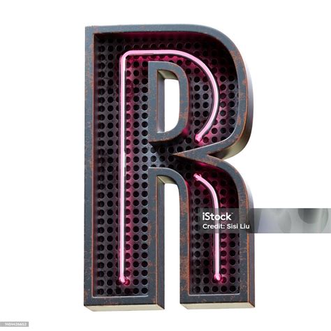 핑크 네온 라이트 알파벳 캐릭터 대문자 R 네온 튜브 대문자 핑크 글자 블랙 녹슨 금속 상자에 핑크 광선 효과의 3d 일러스트레이션3d 흰색 배경에 고립 렌더링 0명에 대한