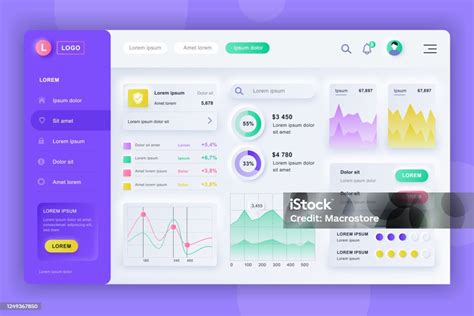 Neumorphic 대시보드 Ui 키트 인포그래픽 요소 Hud 다이어그램 정보 그래픽이 있는 관리자 패널 벡터 디자인 템플릿입니다 개념에 대한 스톡 벡터 아트 및 기타