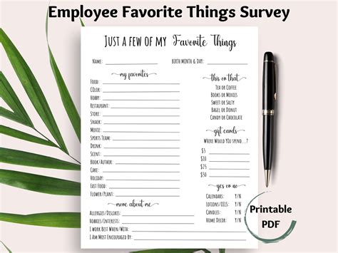 Employee Favorite Things Survey Coworker Questions Printable All