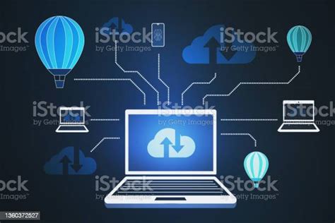 어두운 벽지에 다양한 아이콘과 디지털 클라우드 컴퓨팅 인터페이스와 추상 노트북 데이터베이스 및 기술 개념 3d 렌더링 0명에 대한 스톡 사진 및 기타 이미지 Istock