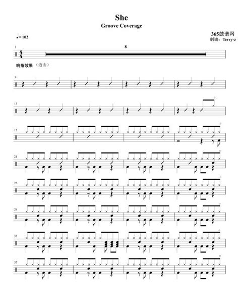 原创鼓谱 She 鼓谱 架子鼓 高清鼓谱pdf 365鼓谱网—专业架子鼓鼓谱网站提供大量高清流行曲目鼓谱，抖音曲目鼓谱，乐队曲目鼓谱！