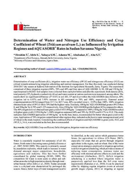 Pdf Determination Of Water And Nitrogen Use Efficiency And Crop Coefficient Of Wheat Triticum