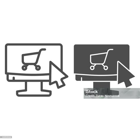 모니터 라인과 글리프 아이콘에 카트 흰색에 격리 쇼핑 트롤리 벡터 그림과 컴퓨터 웹 및 앱을 위해 디자인 된 온라인 시장 개요 스타일 디자인 Eps 10 10에 대한 스톡