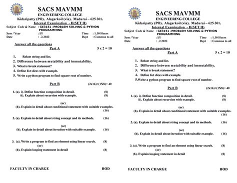 Python Question SACS MAVMM ENGINEERING COLLEGE Kidaripatty PO Alagarkoil Via Madurai