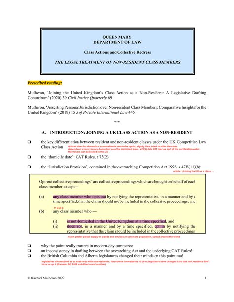 Non Residents I Joining The UK Class Action Seminar Schema QUEEN MARY DEPARTMENT OF LAW