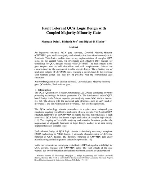 Pdf Fault Tolerant Qca Logic Design With Coupled Majority Minority Gate