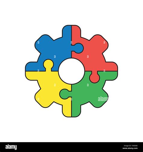 Vector Icon Concept Of Four Pieces Jigsaw Puzzle Pieces Gear Connected Black Outlines And