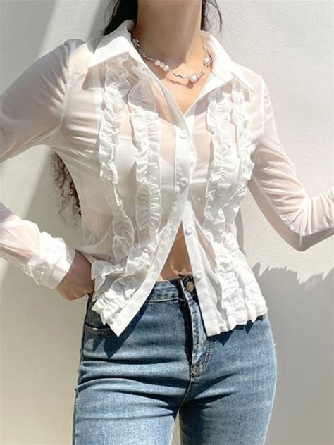 2023 Ruffle Semi Sheer Long Sleeve Blouse Blue M In Long Sleeves Online Store Best For Sale