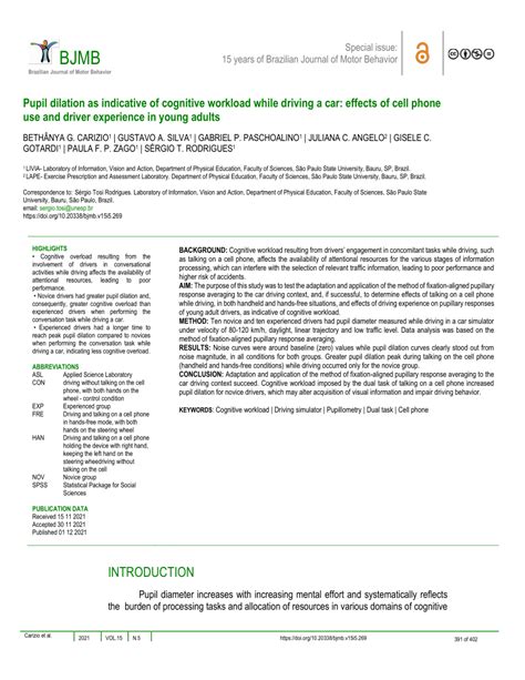 Pdf Pupil Dilation As Indicative Of Cognitive Workload While Driving A Car Effects Of Cell