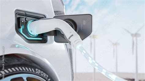 Electric Vehicle Charging Port Plugging In Ev Car Parking With Electric Cars In The Background