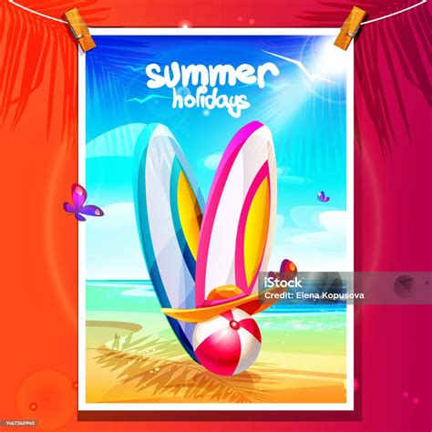 만화 스타일의 휴가 및 해변 휴가 개념 서핑 보드가 있는 빨래집게와 해변에 모자가 달린 비치볼에 포스터 서핑 수상 스포츠에 대한 스톡 벡터 아트 및 기타 이미지 Istock