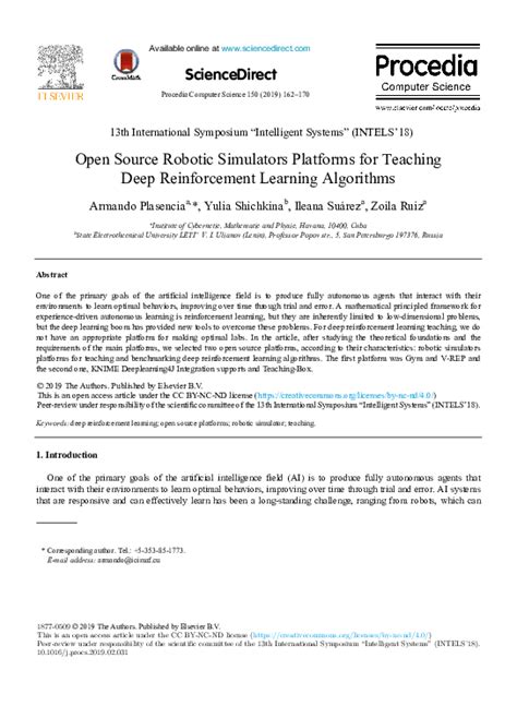 Pdf Open Source Robotic Simulators Platforms For Teaching Deep Reinforcement Learning Algorithms