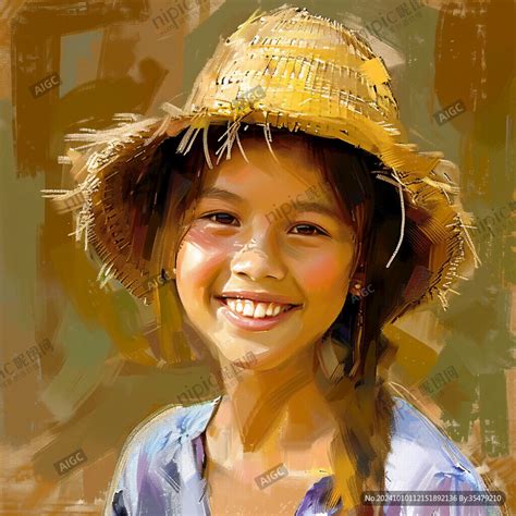 Ai创作图手绘戴草帽的小女孩 手绘农家女孩 乡村女孩插画 村姑形象绘画 戴草帽小女孩 戴帽子农家女孩 戴草帽少女 农村姑娘插画 农家女孩插画 农家女孩素材 柬埔寨水彩插画彩绘 写实人物插画 壮