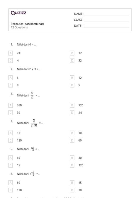 50 Lembar Kerja Permutasi Dan Kombinasi Untuk Kelas 11 Di Quizizz Gratis And Dapat Dicetak