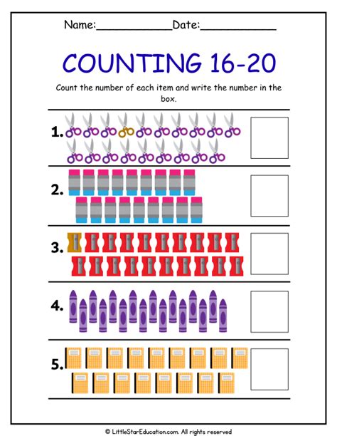 Counting Objects And Numbers 16 20 Practice For First Grade Math