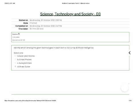 STS Midterm Examination Part III Attempt Review Science Technology And Society D Started