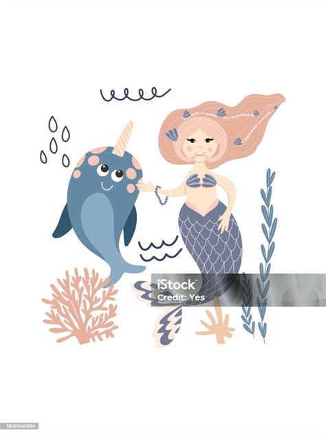 수영 귀여운 인어와 만화 일각 고래 바다 아래 해초와 산호 벡터 손으로 그린 그림 0명에 대한 스톡 벡터 아트 및 기타 이미지 0명 공주 귀여운 Istock