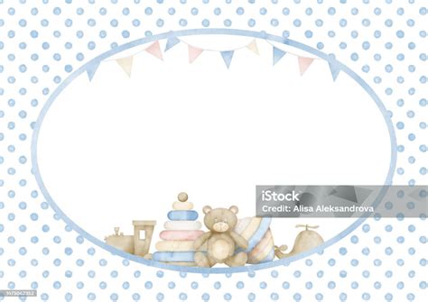베이비 샤워 인사말 카드 또는 초대장을 위한 아이 장난감이 있는 직사각형 프레임 손으로 그린 수채화 템플릿은 소년 또는 소녀를 위한 텍스트 공간이 있는 생일 파티를 위한