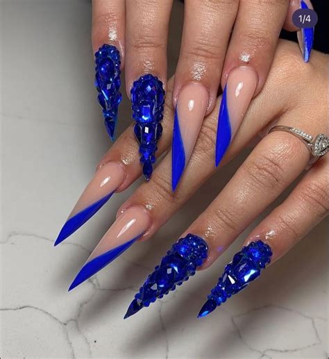 Long Blue Nails Navy Blue Nails With Gems Royal Blue Nails With Gems