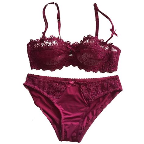 2017 Newset Very Sexy Women Half Cup Lace Bra Briefs Plus Size Ultra Thin Sexy Plunge Bra Sets