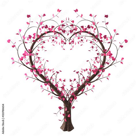 Fantasy Tree In The Shape Of Heart With Red And Pink Leaves Isolated On White Background