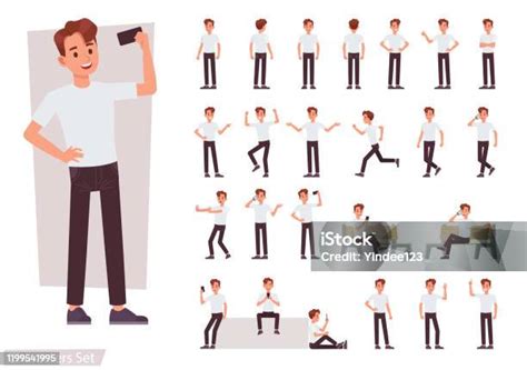남자 캐릭터 벡터 디자인의 집합입니다 감정 달리기 서 서 걷기와 다양한 행동에 프리젠 테이션 등장인물에 대한 스톡 벡터 아트 및