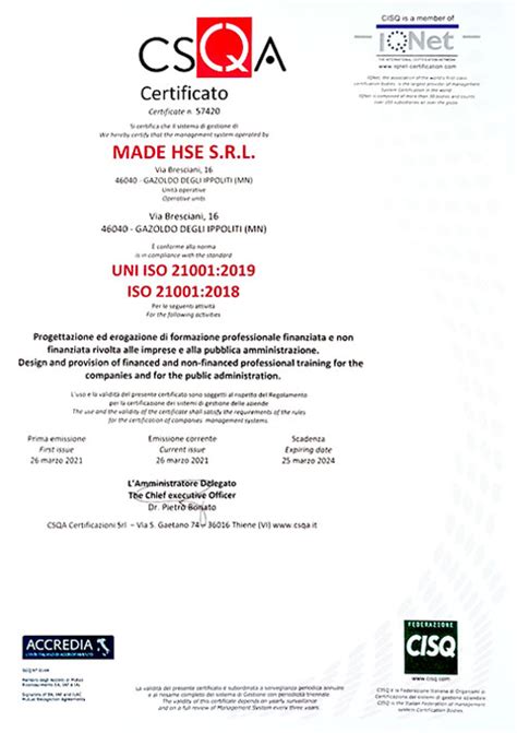 Certificato CSQA Sistemi Di Gestione Per Le Organizzazioni Di Istruzione E Formazione UNI ISO