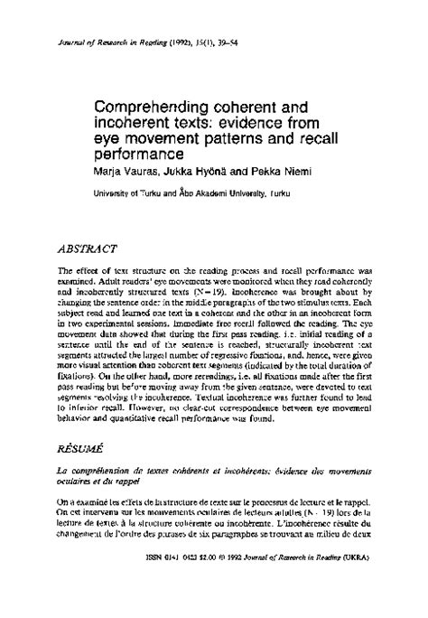 Pdf Comprehending Coherent And Incoherent Texts Evidence From Eye Movement Patterns And