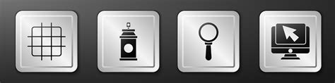 그리드 그래프 용지 페인트 스프레이 캔 돋보기 및 컴퓨터 모니터 및 커서 아이콘을 설정합니다 실버 스퀘어 버튼 벡터 그래프에