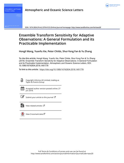 Pdf Ensemble Transform Sensitivity For Adaptive Observations A