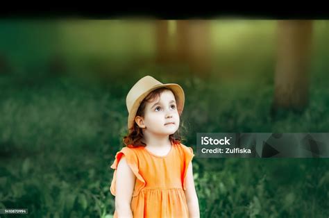 모자와 오렌지색 드레스를 입은 귀여운 행복한 어린 소녀 아이가 공원이나 숲의 자연에서 걷고 있습니다 아이가 올려다 본다 여름 개념 걷기에 대한 스톡 사진 및 기타 이미지