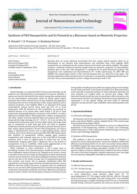 Pdf Synthesis Of Pbs Nanoparticles And Its Potential As A Biosensor Based On Memristic Properties