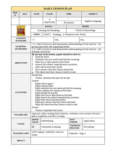 Year 6 Lesson Plan Textbook Page 3 Pdf Reading Comprehension
