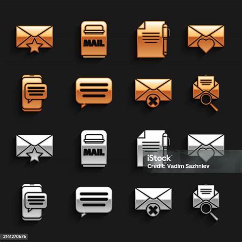 말풍선 채팅 발렌타인 하트 봉투 돋보기 봉투 삭제 전화의 채팅 메시지 알림 문서 및 펜 별표 및 사서함 아이콘을 설정합니다 벡터 Brand Name Online