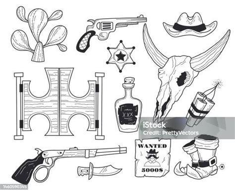 카우보이 낙서 서양 아이콘 스케치 보안관 서쪽 야생 윤곽선 선 귀여운 스타일 고립 된 세트 벡터 평면 그래픽 디자인 요소 개념 그림 개척시대의 서부에 대한 스톡 벡터 아트