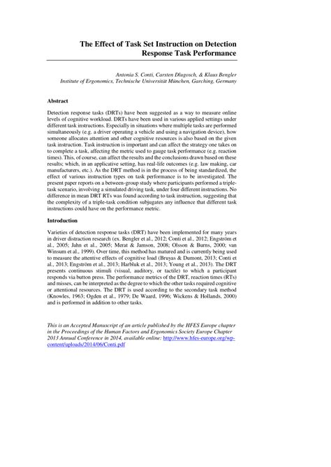 Pdf The Effect Of Task Set Instruction On Detection Response Task Performance