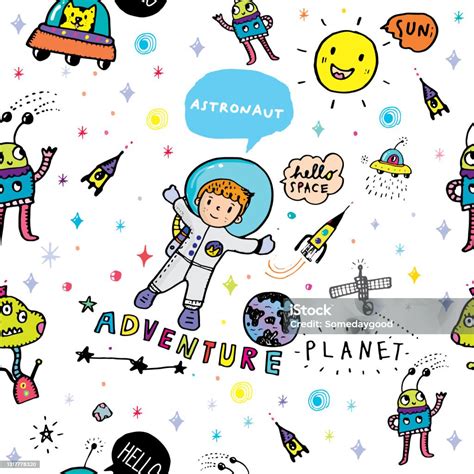 손으로 그린 우주 원소 공간 위성 행성 로켓 별 우주 탐사선 별자리 운석 우주 비행사 우주와 원활한 패턴세트 원활한 유치한 패턴 과학에 대한 스톡 벡터 아트 및 기타 이미지