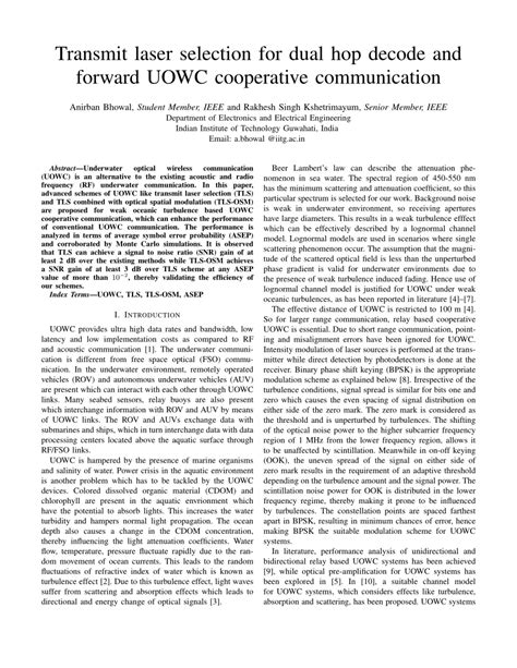 Pdf Transmit Laser Selection For Dual Hop Decode And Forward Uowc Cooperative Communication