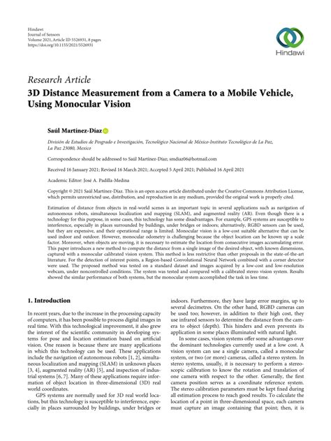 Pdf 3d Distance Measurement From A Camera To A Mobile Vehicle Using Monocular Vision