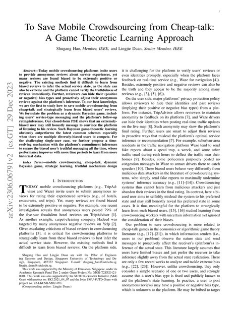 Pdf To Save Mobile Crowdsourcing From Cheap Talk A Game Theoretic Learning Approach